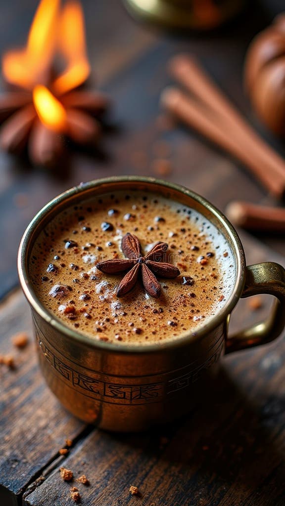 Aromatic Spiced Coffee with Star Anise and Cinnamon in Rustic Metal Cup ...