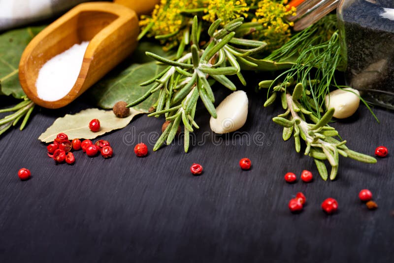 Aromatic Spices for Canning Vegetables and Mushrooms on Dark Ba Stock ...