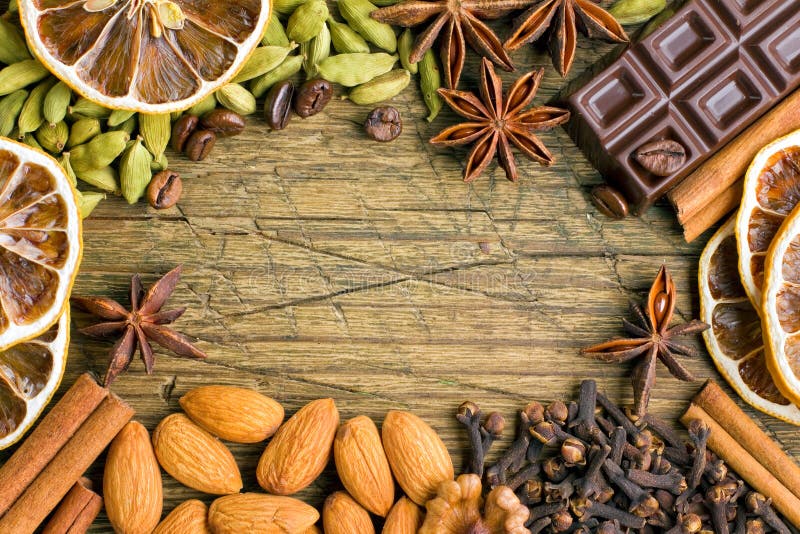 Aromatic Spices Frame on the Wooden Board Stock Image - Image of ...