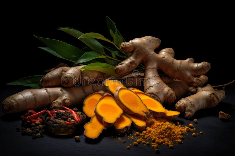 Aromatic Spices Turmeric, Ginger and Chili Pepper on Dark Background ...