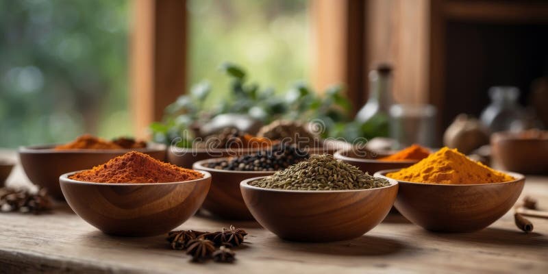 Aromatic Spices in Wooden Bowls on Rustic Kitchen Table. Stock Image ...