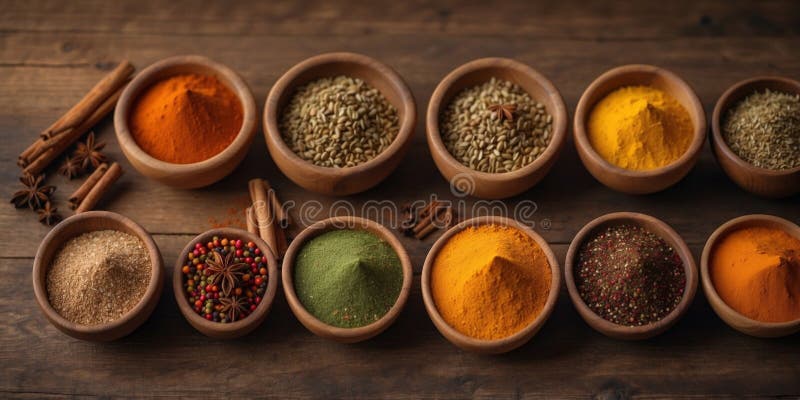 Aromatic Spices in Wooden Bowls on a Rustic Table. Stock Image - Image ...