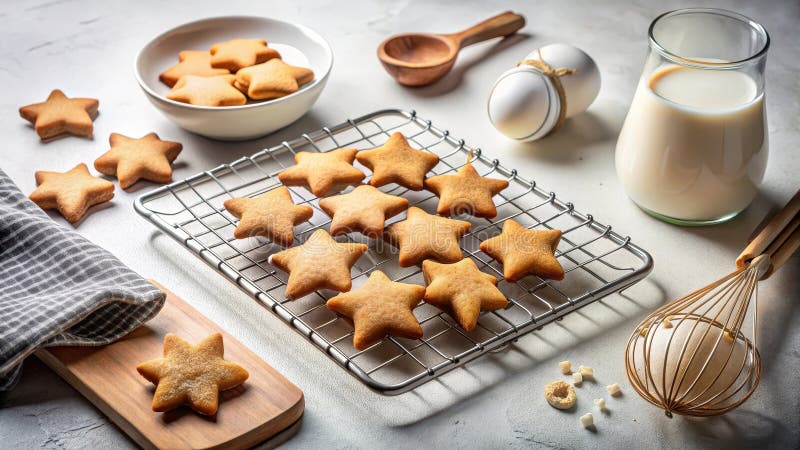 Aromatic Star-shaped Cookies Cooling on a Wire Rack beside a Glass of ...