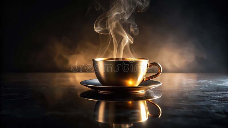 Aromatic Steam Rising from a Golden Teacup on a Dark Reflective Surface ...