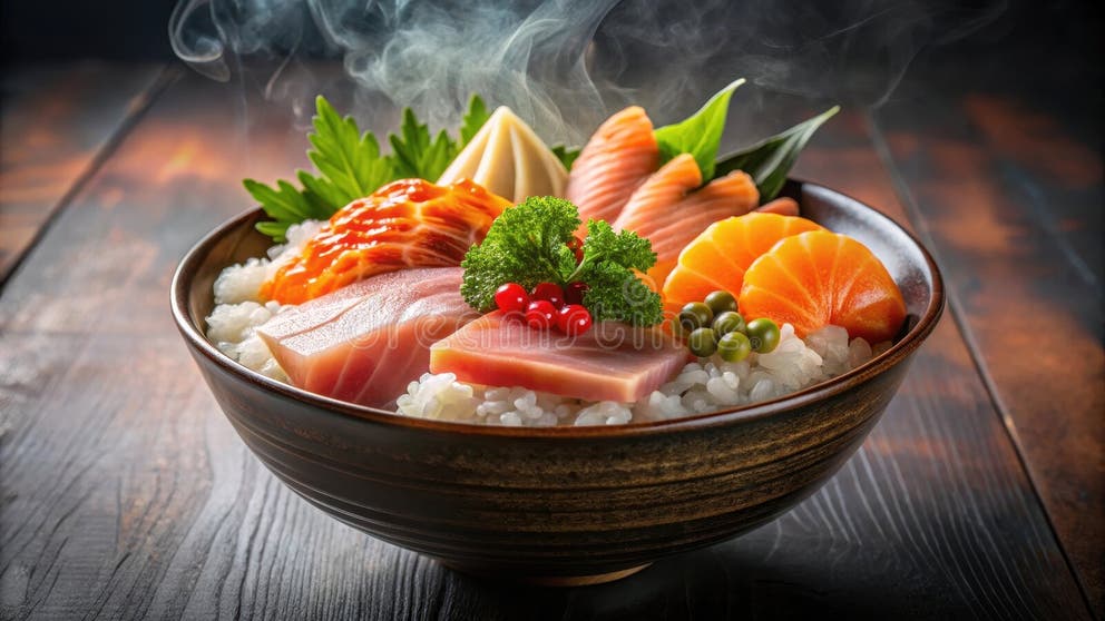 Aromatic Steaming Bowl of Assorted Sashimi Over Rice. Generative AI ...
