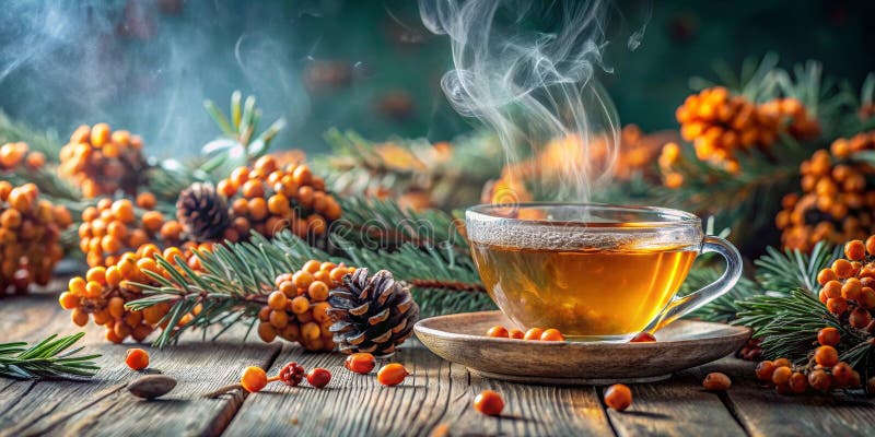 Aromatic Steaming Cup of Herbal Tea with Winter Berries and Pine Cones ...