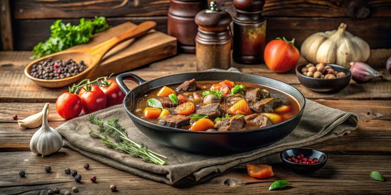 Aromatic Stew Rich Beef, Mushrooms, and Vegetables in a Dark Bowl on ...