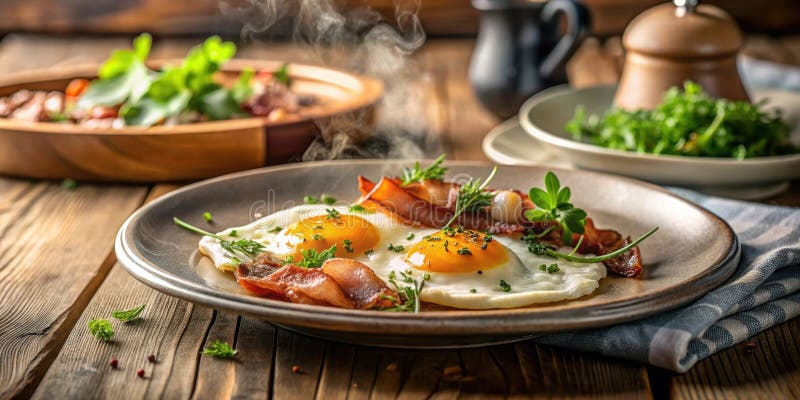 Aromatic Sunny-side Up Eggs with Crispy Bacon and Fresh Herbs on Rustic Wooden Table. Generative ...