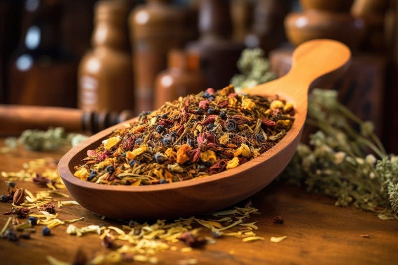 Aromatic Tea Blend in a Wooden Scoop on a Table Stock Illustration ...