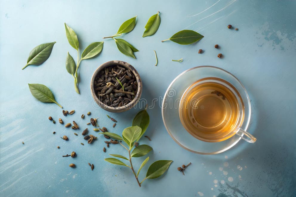 Aromatic Tea Leaves and Brewed Tea on Light Blue Background Stock ...