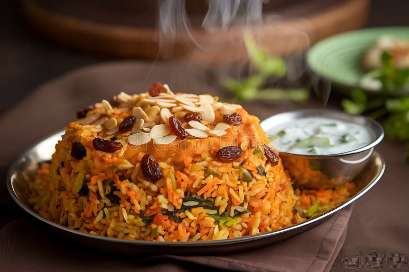 Aromatic Vegetable and Chicken Biryani with Almonds and Raisins Stock ...
