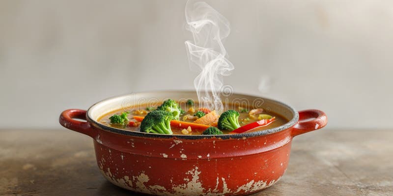 Aromatic Vegetable Soup in a Rustic Red Pot. Stock Photo - Image of ...