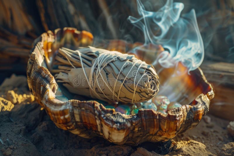 Aromatic White Sage Smoldering in a Shell, Releasing Wispy Smoke Stock ...