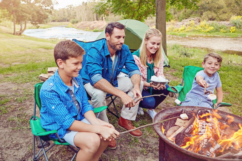 Around the Campfire. a Family of Four Camping in the Woods. Stock Image ...