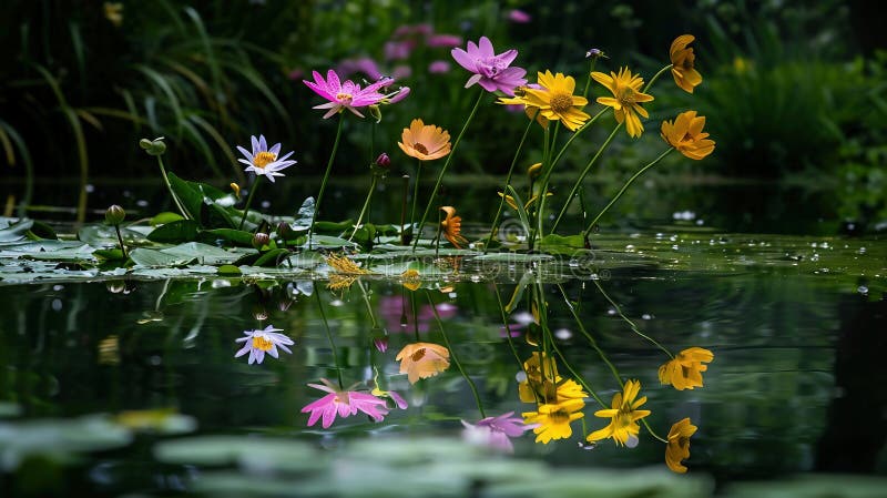 Flowers and Their Reflection in the Pond Stock Image - Image of water ...