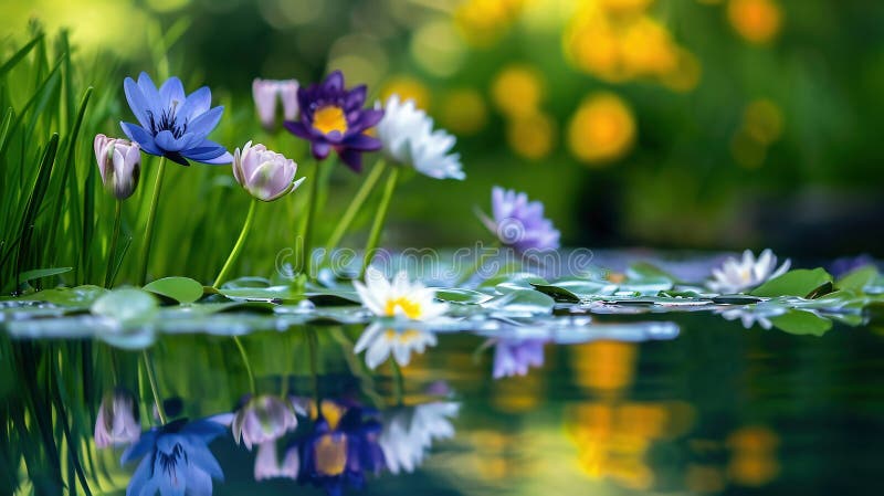 Flowers and Their Reflection in the Pond Stock Photo - Image of ...