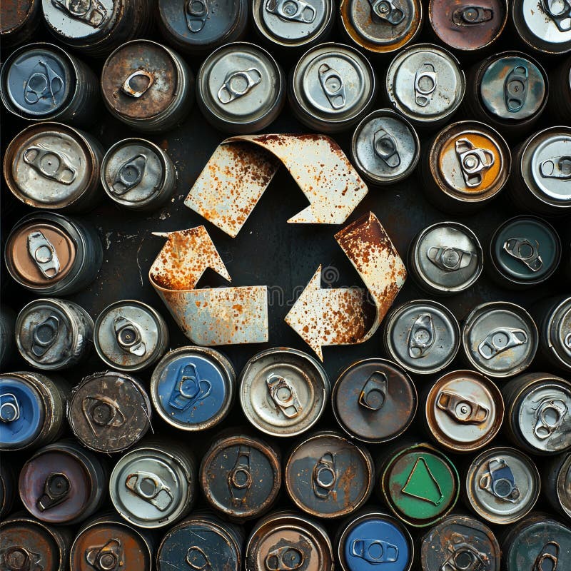 Around a Rusted Recycling Symbol are Various Recyclable Materials ...
