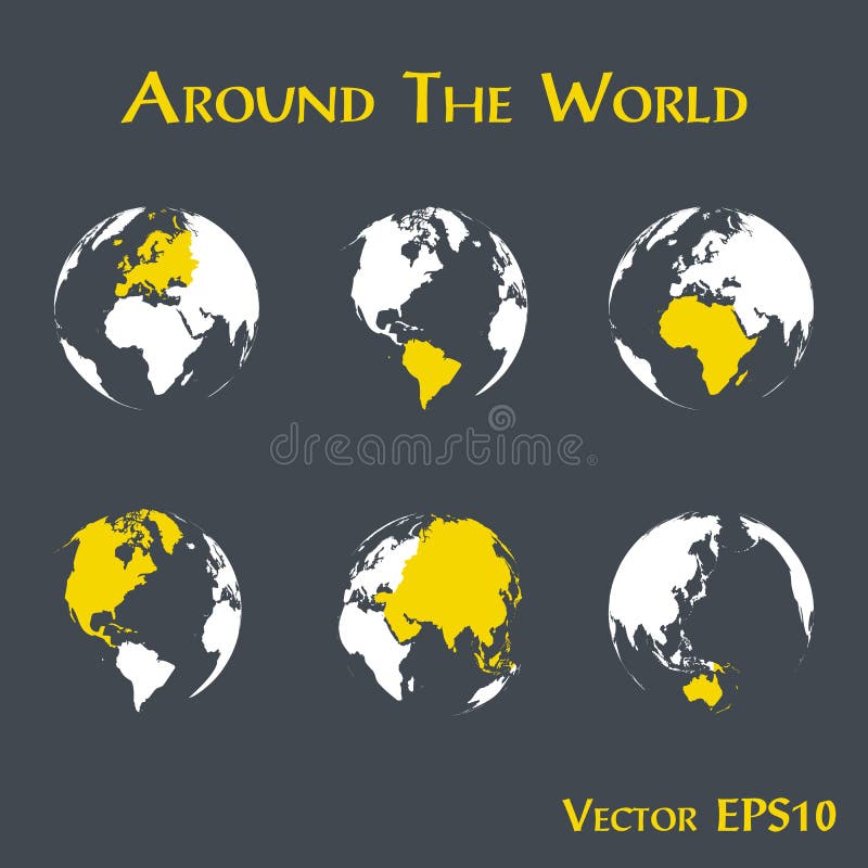 Around the World Outline of World Map and Continent Stock Vector ...