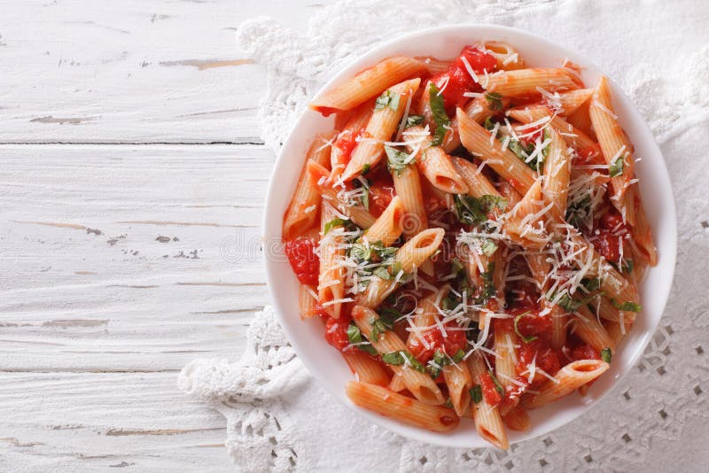 Arrabiata Pasta Penne with Parmesan Cheese. Horizontal Top View Stock ...
