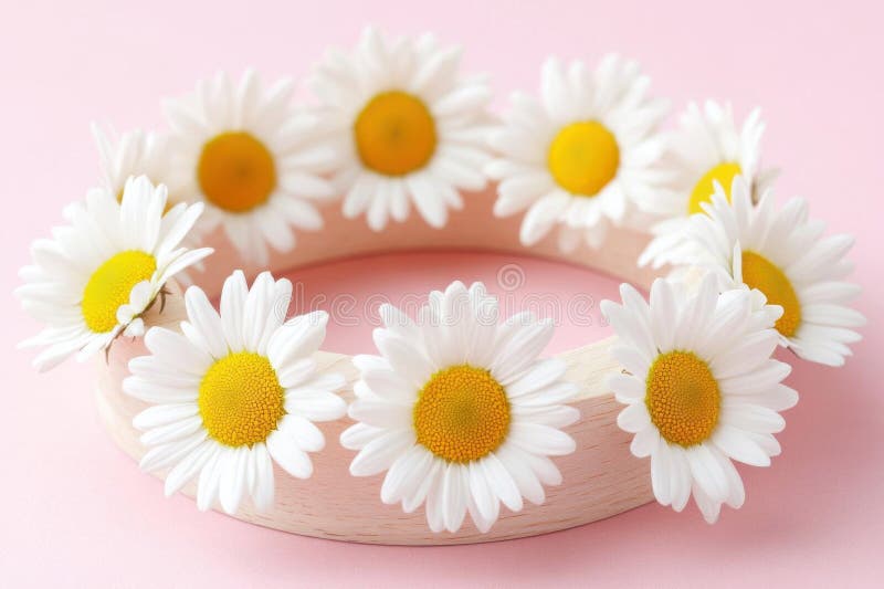 Arrange Daisies Around Wooden Ring on Pink Backdrop for Springtime ...