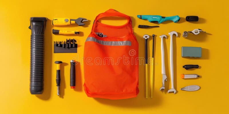 Arrange Various Tool with an Orange Bag in Flat Lay Concept Design ...