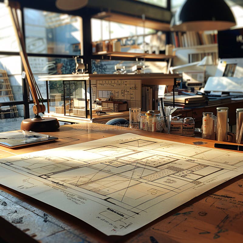 Arranged Architect S Studio with Blueprints, Models, and Drafting Tools ...