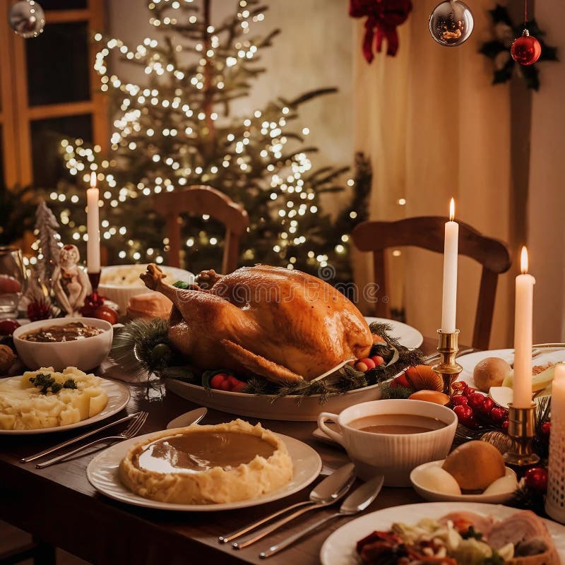 Arranged Assorted Delicious Meals with Christmas Tree Dinner Table ...