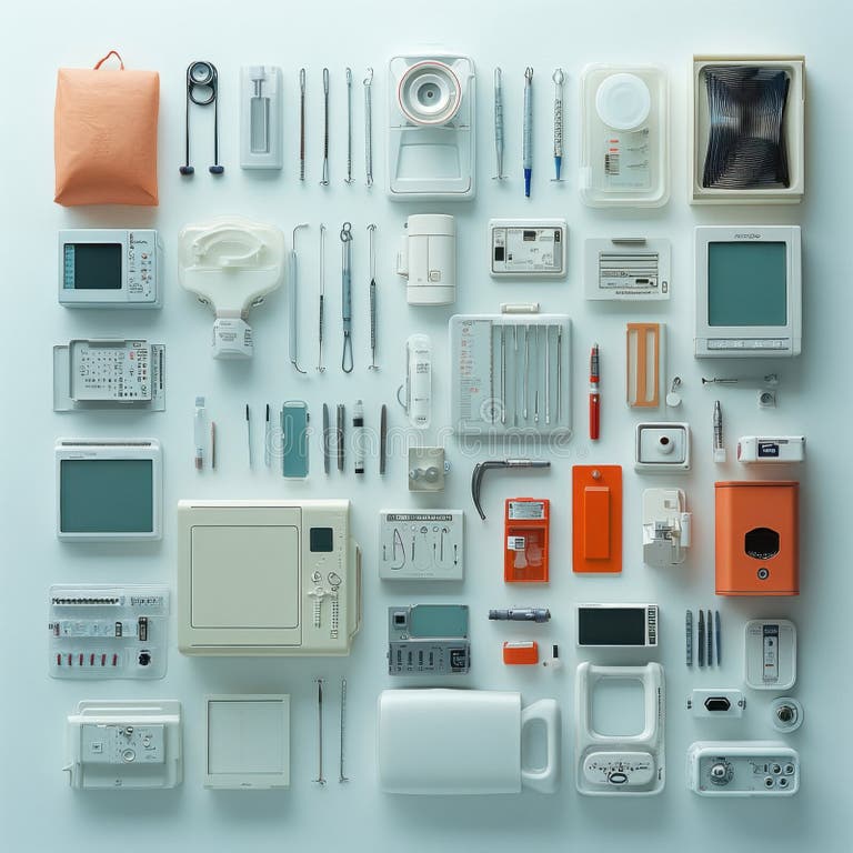 Arranged Collection of Office and Tech Tools on White Background Stock ...