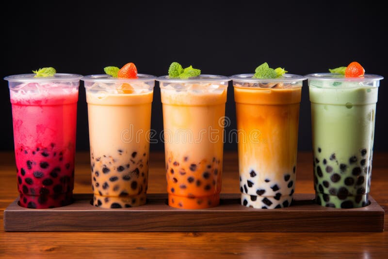 Arranged in a Row Variety of Bubble Tea Flavors in Different Colors and ...