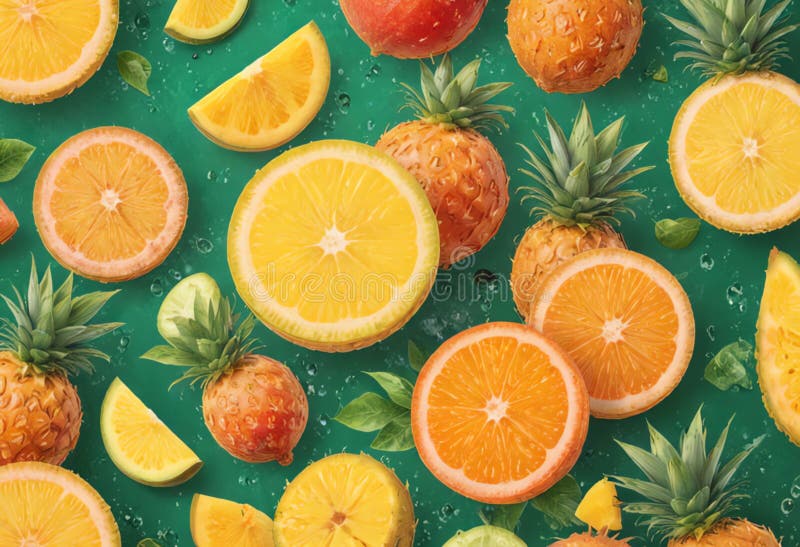 Arranged Sliced Tropical Fruit Flat Lay with Water Splash Effect Stock ...