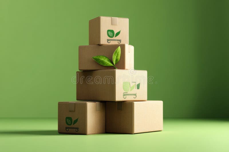 Eco-friendly Parcels Stacked with Green Delivery Logo on Smooth Green ...