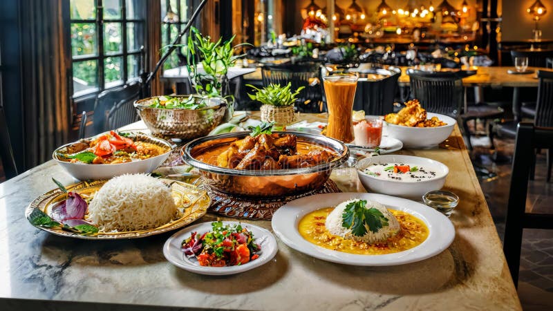 Traditional Indian Thali Featuring Vibrant Chicken Curry with Rice ...