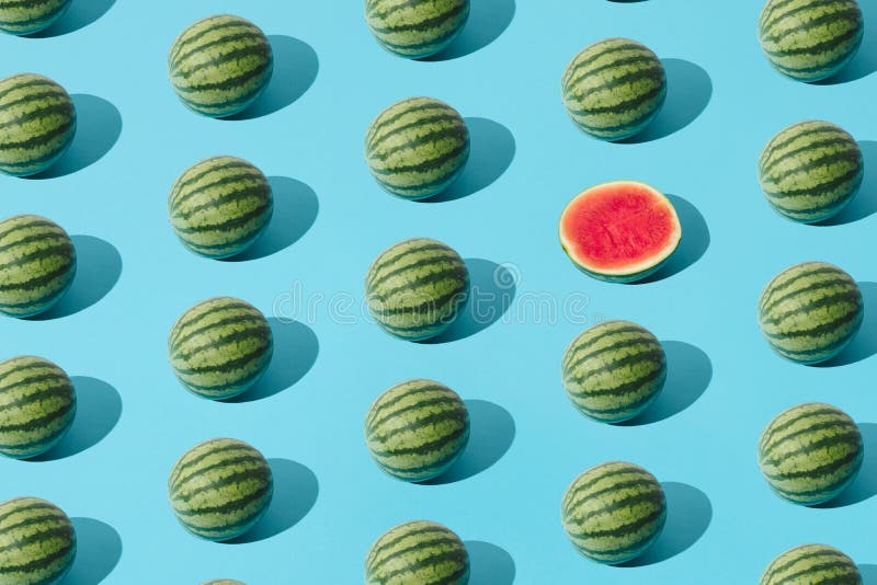 Arranged Watermelon and One Half on a Blue Pastel Background. Minimal ...