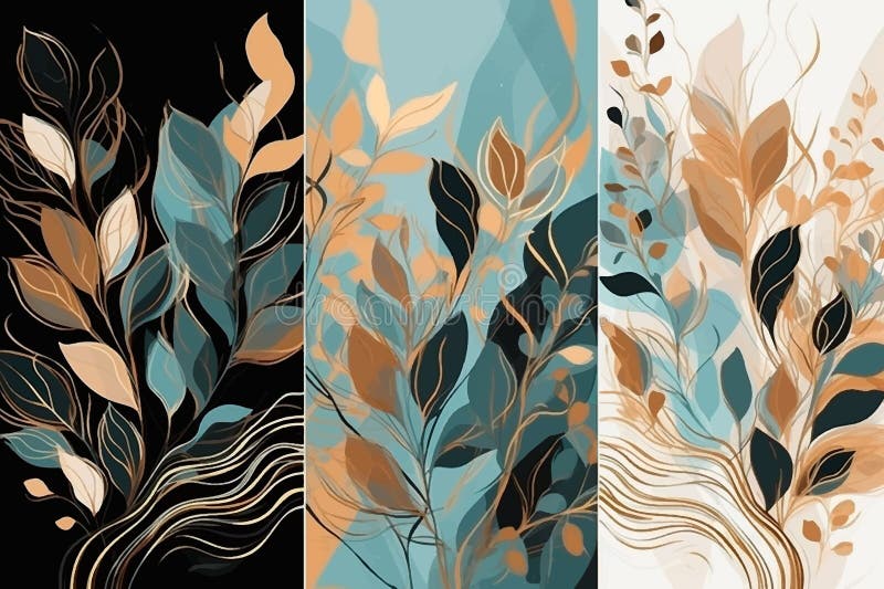 Arrangement Abstract Watercolor Panels Patterns with Branches, Leaves ...
