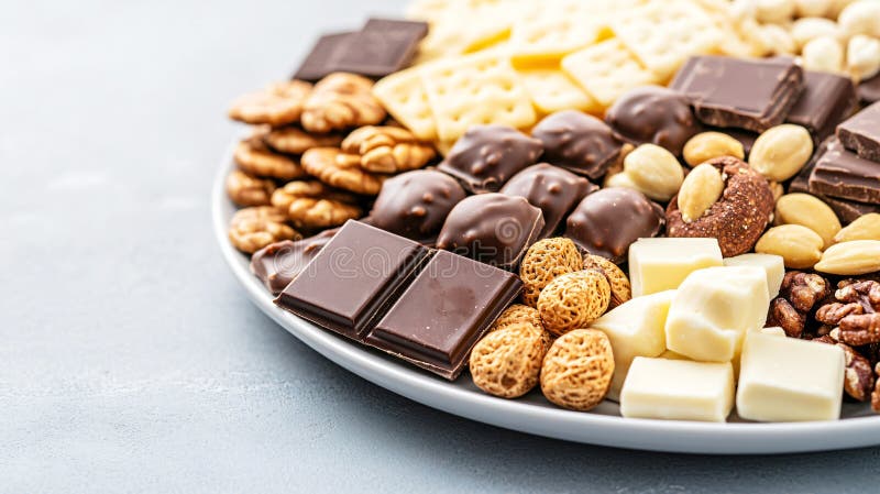 Arrangement of Assorted Chocolates, Biscuits, Crackers, Nuts, and ...