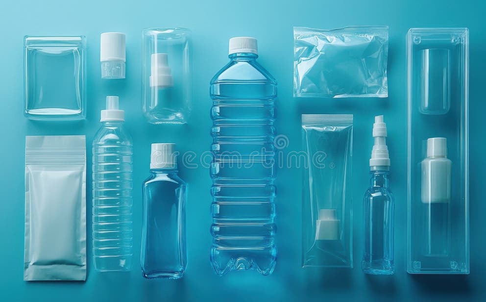 Arrangement of Assorted Plastic Bottles and Packaging on Blue Surface ...