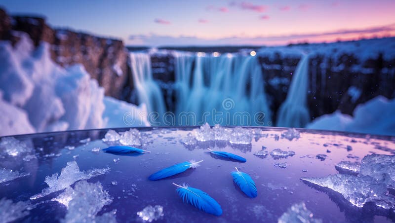 Blue Feathers on Ice with Waterfall Background Stock Illustration ...
