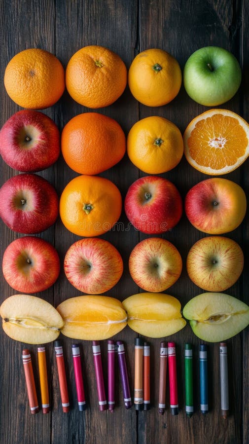 Arrangement of Colorful Fruits and Crayons on a Wooden Surface for ...