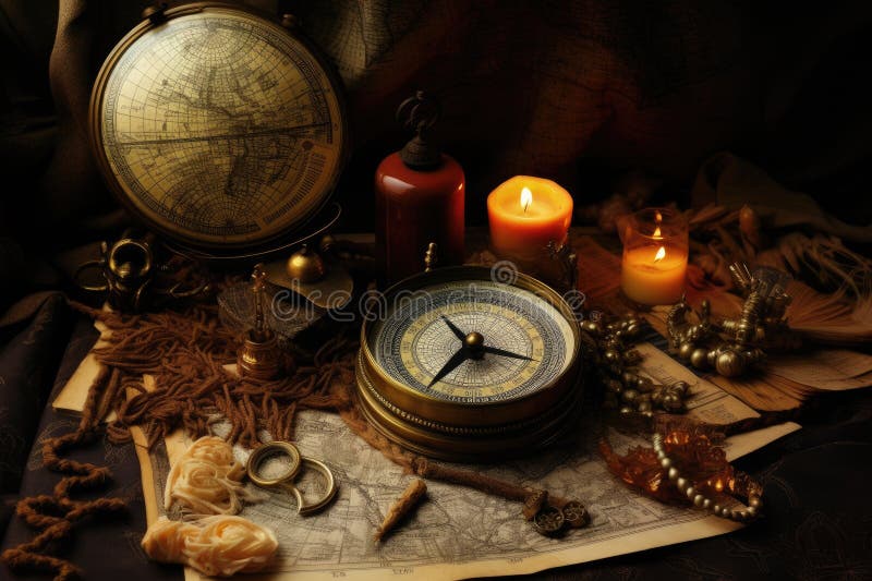 An Arrangement of a Compass, Candles, and Various Objects on a Table ...