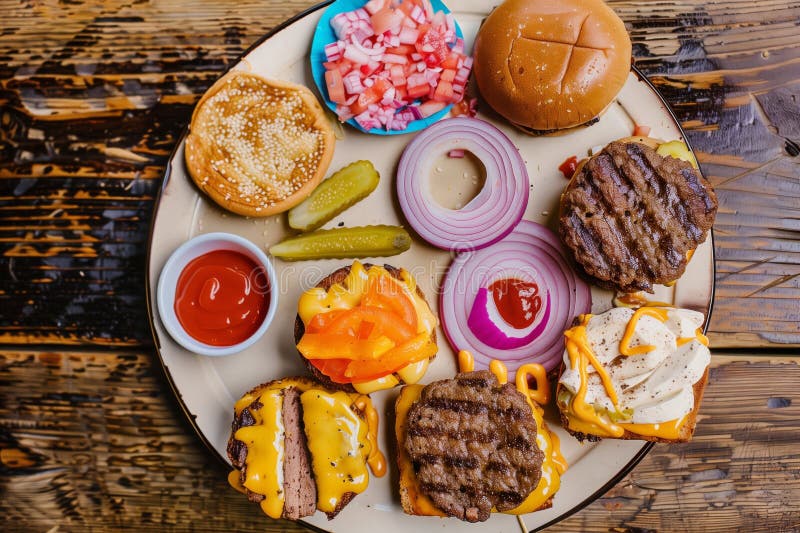 Arrangement of Deconstructed Burger Elements on Plate Stock Image ...