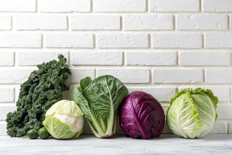 Varieties of Cabbage on White Brick Wall Background Stock Illustration ...