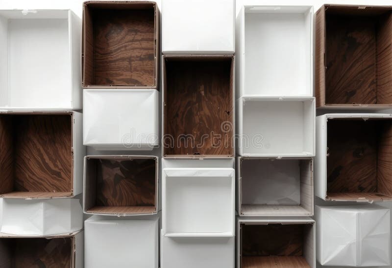 Arrangement of Empty Cubes and Boxes Stacked Against White Background ...