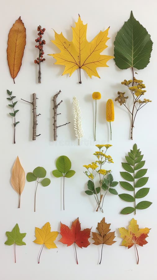 An Arrangement of Fall Leaves, Branches, and Flowers on a White ...