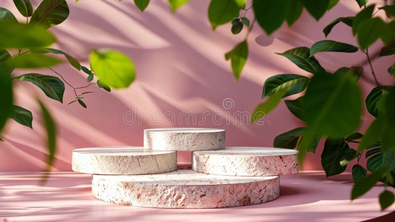 Explore Decorative Stone Displays with Lush Greenery on a Soft Pink ...
