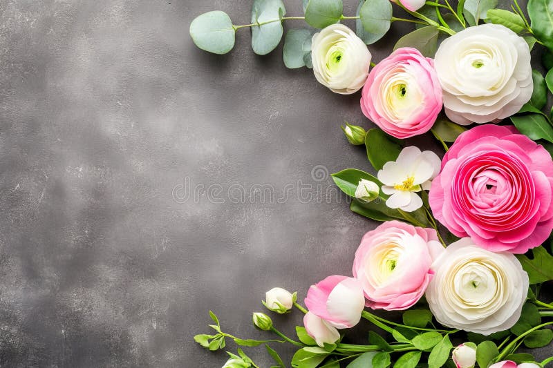 The Arrangement Features a Flat Lay of Gorgeous Roses and Ranunculus on ...