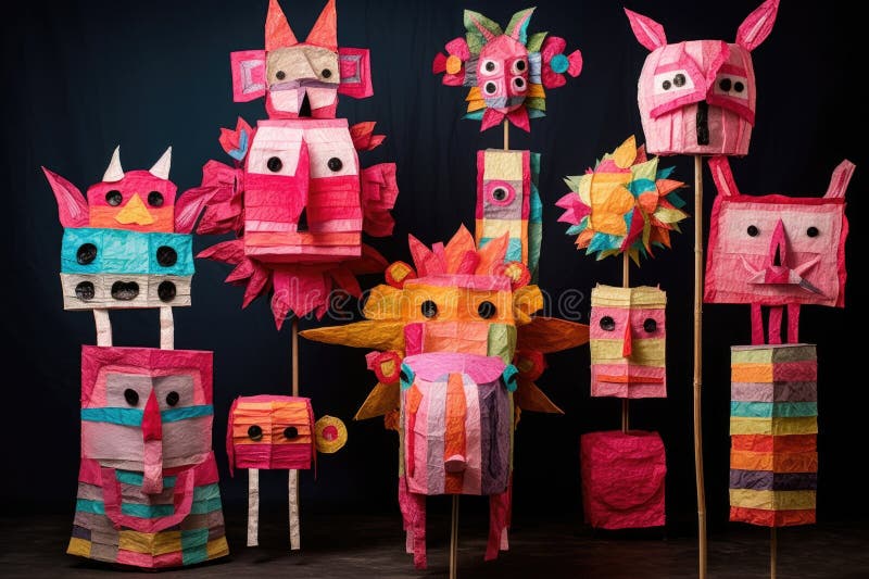 Arrangement of Finished Pinatas in Various Shapes Stock Illustration ...