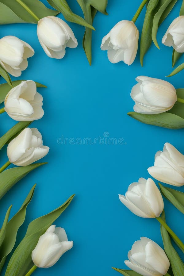 Arrangement of Fresh White Tulips on a Vibrant Blue Background in a ...