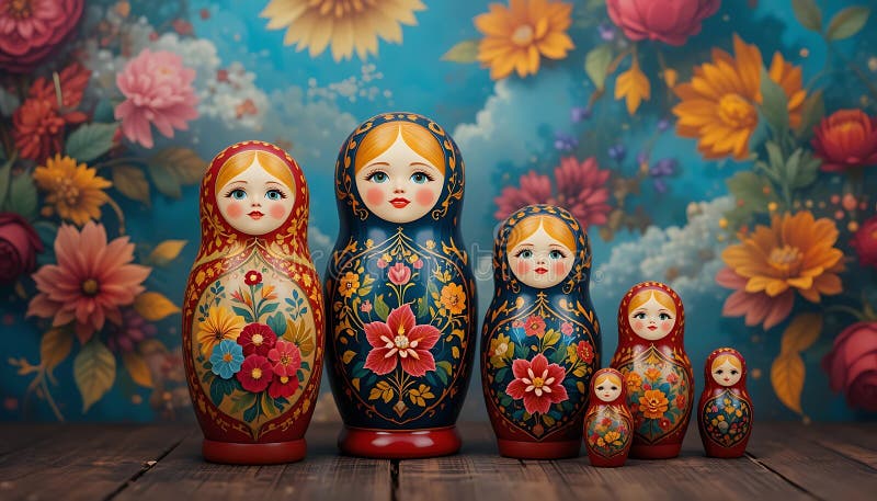 Arrangement of Nested Dolls with Floral Patterns on Wooden Surface ...
