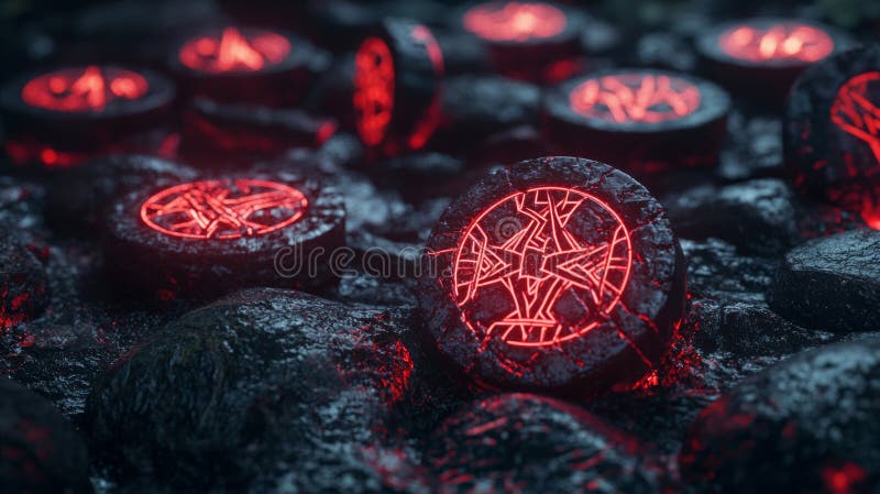 Arrangement of Protective Rune Chips Illuminated with a Red Glow Rests ...
