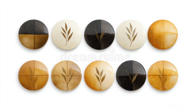 Arrangement of Ten Round Decorative Objects with Leaf Designs on a ...